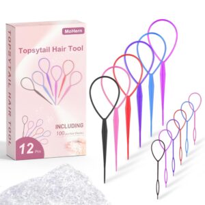 topsy tail hair tool for women with 100 colorful hair elastics, 12 pcs pull-through hair accessories for girls by mohern