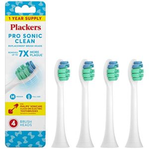 plackers pro sonic clean replacement brush heads, 1 year supply - 4count (fits philips sonicare click-on electric toothbrushes), 4count