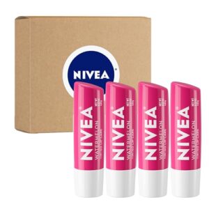 nivea watermelon lip care, tinted lip balm pack with shea butter, nourishing oils and vitamin c & e, 3-in-1 moisture, repair and color, 0.17 oz stick, pack of 4