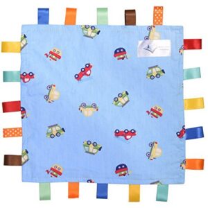 for the love of leisure car security blanket – 12in x 12in 150 thread cotton comforter with tags. multi colored vehicles pattern - blue