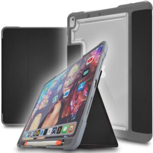 stm dux plus duo ultra-protective case for apple ipad 9th/8th/7th gen - polycarbonate & rubber bracket, clear back, water-resistant, magnetic closure, auto wake/sleep, apple pencil holder - black