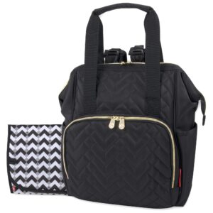 quilted backpack diaper bag tote with changing pad, stroller straps, insulated bottle compartment (midnight black)