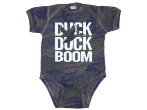 ebenezer fire camo onesie/duck duck boom/waterfowl bodysuit/duck hunting/gift for baby (6m, camo(white text))