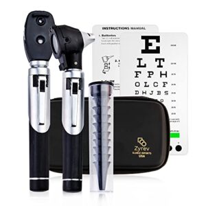 zyrev otoscope ophthalmoscope duplex set - multi-function otoscope/opthalmoscope for ear & eye examination - includes portable tortoise shell case (black)