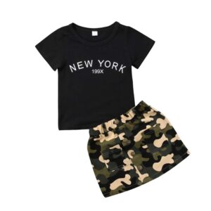 boebnozcv toddler baby girls camouflage outfit black letter tops shirt + denim skirt dress shorts summer two piece clothes set (camouflage denim, 6-7 years)