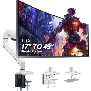 avlt single 17"-49" super ultrawide monitor arm for screens up to 50 lbs, premium aluminum desk stand, adjustable pneumatic height, full motion swivel tilt rotation, usb 3.0 & aux ports, white