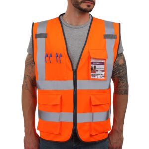 dib safety vest reflective ansi class 2, high visibility vest with pockets and zipper, construction work vest hi vis orange l