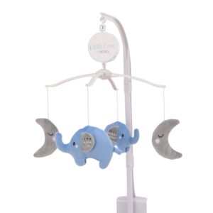 nojo shine on my love - boy elephants & moons light blue & grey musical mobile, navy, light blue, white