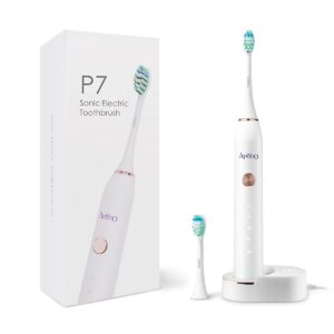 apiyoo p7 rechargeable toothbrush sonic electric toothbrush,ipx7 waterproof 5 brushing modes, 2 min smart timer for adults (white)