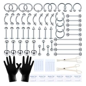 xpircn 70pcs piercing kit stainless steel 14g 16g lip nose septum tongue tragus cartilage daith eyebrow belly button rings body piercing jewelry tools