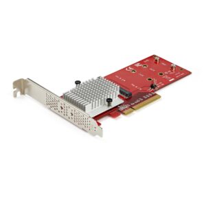 startech.com dual m.2 pcie ssd adapter card - x8 / x16 dual nvme or ahci m.2 ssd to pci express 3.0 - m.2 ngff pcie (m-key) compatible - supports 2242, 2260, 2280 - jbod - mac & pc , taa (pex8m2e2)