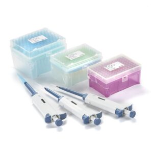 set of 3 variable volume single channel pipettes, adjustable pipettors, 0.5-10 µl, 10-100 µl, 100-1000 µl with 3 boxes of sterile pipette tips