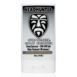 headhunter sunscreen face stick spf 45, waterproof surf sunblock for waterman, water-resistant facial sunscreen for ultra-sport protection and solar defense (80 min), tinted light brown (1 pack)