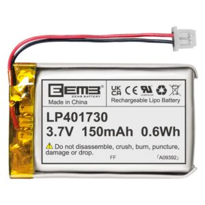 eemb lithium polymer battery 3.7v 150mah 401730 lipo rechargeable battery pack with wire molex 1.25mm connector for speaker and wireless device- confirm device & connector polarity before purchase