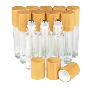 clear refillable glass empty roll on bottles roller bottle,10ml bamboo roll on bottle for essential oils perfume sample bottles with stainless steel roller ball &bamboo cap,12pcs