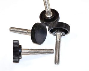 four (4) thumb screws 1/4-20 x 1-1/2" long stainless steel 1" round knurled black plastic knob