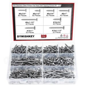 dywishkey 320 pieces #6#8#10 stainless steel 304 phillips flat head self-tapping screws, wood screws assortment kit