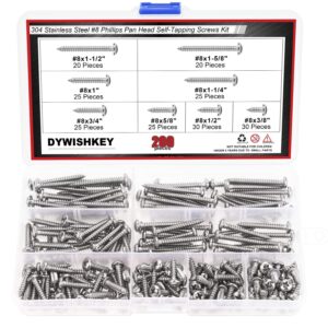 dywishkey 200 pieces #8 x 3/8", 1/2", 5/8", 3/4", 1", 1-1/4", 1-1/2", 1-5/8" stainless steel 304 phillips pan head self-tapping screws, wood screws assortment kit