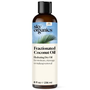 sky organics fractionated coconut oil, hydrating dry oil for moisture, massage and makeup removal, suitable for all skin types, 100% pure and cold pressed multipurpose body and face oil, 8 fl. oz