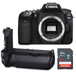 canon eos 90d wi-fi 4k uhd digital slr camera body kit with power battery grip & 64gb memory card