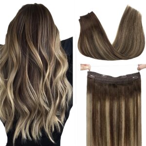 goo goo wire hair extensions human hair, 4/26/4 chocolate brown with honey blonde balayage 14inch 75g, invisible wire hair extensions with transparent, seamless fish line hairpiece