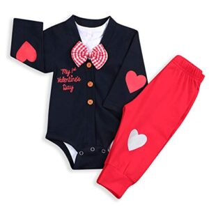 baby boys my first valentine's day outfit infant boy bow tie bodysuit romper + heart pants clothes 3pcs sets (navy blue, 3-6 months)