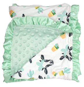 dear baby gear farm deluxe baby blanket - reversible, milestone & newborn gifts - black, white heifer cow mint green dot bandana, cactus succulents in pots, mint ruffle, 32x32 inches