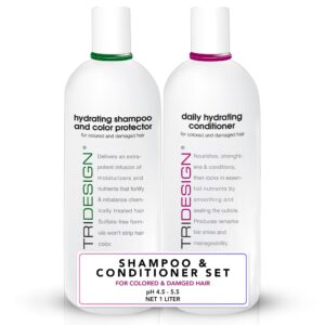 tri design hydrating shampoo & color protector w/daily hydrating conditioner, shampoo and conditioner for color-treated hair, all hair type moisturizing shampoo and conditioner, scented, liter set