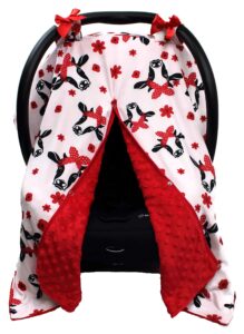 dear baby gear carseat canopy - car seat cover with snap opening for girls and boys - infant car chair canopies - floral & farm prints - nursing covers 39" x 32" (heifer cow and red flowers, red)