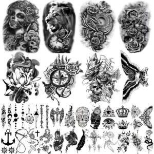 yazhiji 32 sheets temporary tattoos stickers, 8 sheets fake body arm chest shoulder tattoos for men women with 24 sheets tiny black temporary tattoos