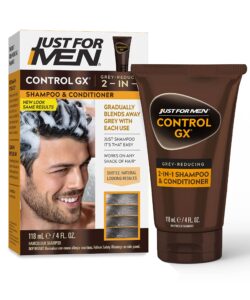 just for men control gx grey reducing 2-in-1 shampoo and conditioner, gradual hair color for stronger and healthier hair, 4 fl oz - pack of 1 (packaging may vary)