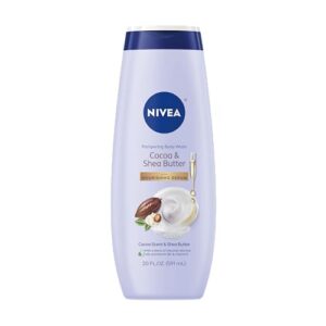 nivea pampering cocoa and shea butter body wash with nourishing serum, moisturizing body wash for women, enriched with provitamin b5 and vitamin e, 20 fl oz bottle