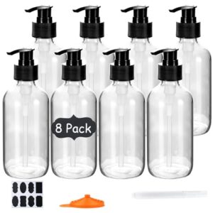 8oz 8 pack glass pump bottles, ruckae clear pump bottle for soap dispenser, empty pump bottle for shampoo, body wash, hand soap, lotion and more