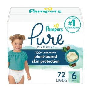 pampers baby diapers - pure protection - size 6, 72 count, for up to 100% leakproof, premium plant-based skin protection