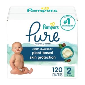 pampers baby diapers - pure protection - size 2, 120 count, for up to 100% leakproof, premium plant-based skin protection