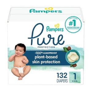 pampers baby diapers - pure protection - size 1, 132 count, for up to 100% leakproof, premium plant-based skin protection