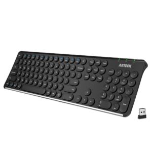 arteck 2.4g wireless keyboard stainless steel ultra slim full size keyboard with numeric keypad for computer/desktop/pc/laptop/surface/smart tv and windows 10/8/ 7 built in rechargeable battery