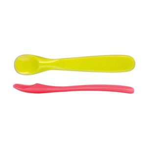 spuni - baby spoon, medical-grade soft plastic infant feeder, feeding spoons for babies (8 months+), neon green & playful pink, 2 pack