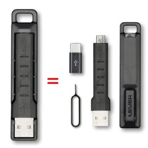 lever gear cablekit - portable micro usb keychain charger cord. includes micro usb cable, secondary adapter, carry case & sim tool. micro usb key chain charging cable kit. (1 pack, usb-c adapter)