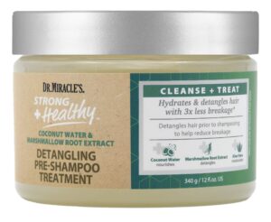 dr. miracle's strong & healthy detangling pre-shampoo treatment. infused with coconut water, marshmallow root and aloe vera, hydrates and restores moisture to dry damaged hair 12 oz