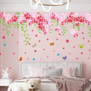 rw-239 pink flowers wall decals 3d warm peach blossom wall stickers diy removable butterfly cherry floral green tree leaf wall art decor for kids girls bedroom living room nursery decoration