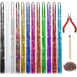 febsnow 47 inches tinsel hair extension with tool 12 colors 2400 strands hair extension tinsel kit glitter hair extensions for women girls hair accessories for christmas new year cosplay party