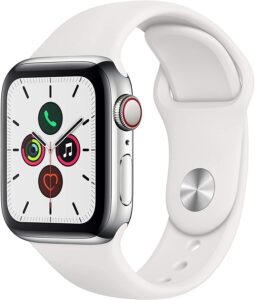 apple watch series 5 (gps + cellular, 40mm) - silver stainless steel case with white sport band (renewed)