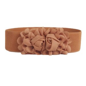 andongnywell women flower wide waist belt elastic stretch rose double flower belts for dress high waist belts waist band (camel)