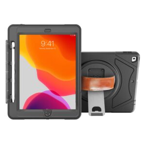 new trent ipad 9th generation case, ipad 8th generation case, ipad 7th generation case with pencil holder, rugged kickstand with rotational hand strap & screen protector