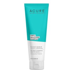 acure simply smoothing shampoo, water, coconut & marula oil, 100% vegan, performance driven hair care, smooths & reduces frizz, white/blue, 8 fl oz