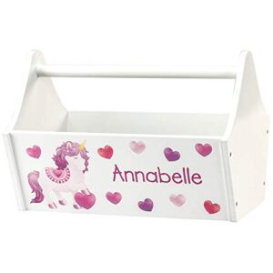 fox valley traders personalized kids wooden toy caddy, customized children’s toy storage bin, unicorn hearts design