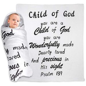 ylovan baby muslin swaddle blankets - ‘child of god’ quote - christening, baptism, baby shower, godchild gift for newborn boys and girls (white, 47"x47")