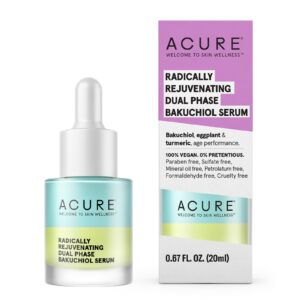 acure radically rejuvenating dual phase bakuchiol serum - anti-aging & soothing skin support - all natural made with eggplant, turmeric & bakuchiol - vegan skin care, hydrates & defends - 0.67 oz