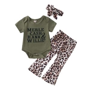 happy town toddler girls baby girls leopard sets long sleeves romper +flare pants infant winter fall outfit (short sleeve sets, 3-6 months)